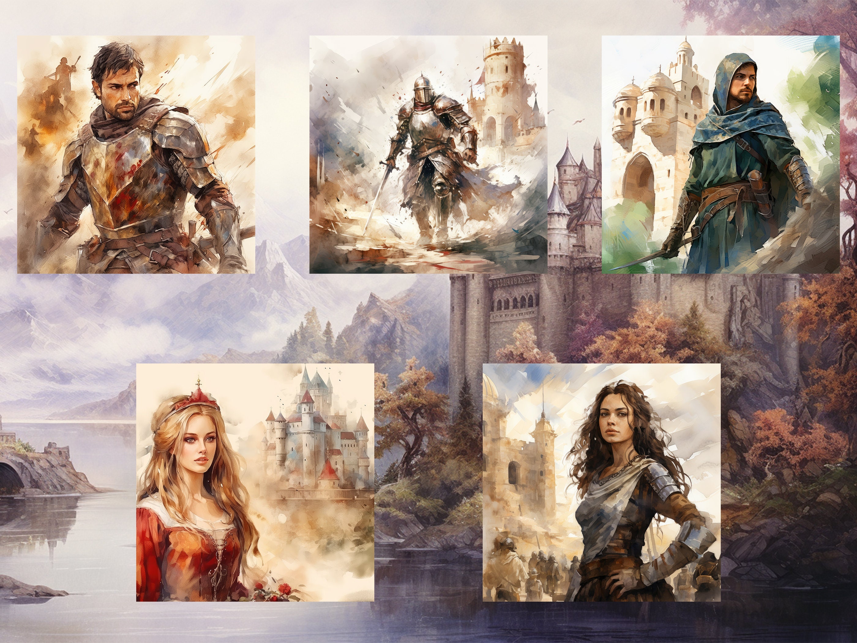 20 Medieval Bundle, Watercolor Clipart, Digital Art, Paper, Knight ...