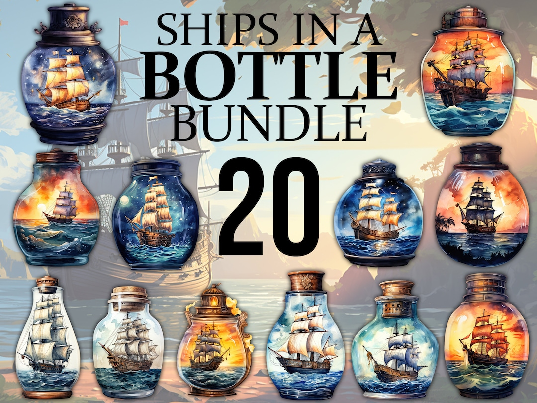 20 Ships in A Bottle Bundle, Watercolor Clipart, Digital Art, Paper ...