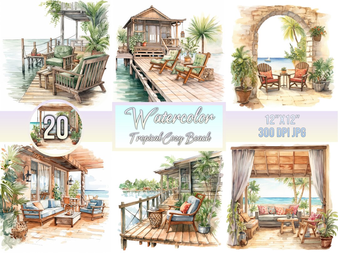 20 Watercolor Cozy Tropical Beach Bundle, Watercolor Beach, Digital Art ...