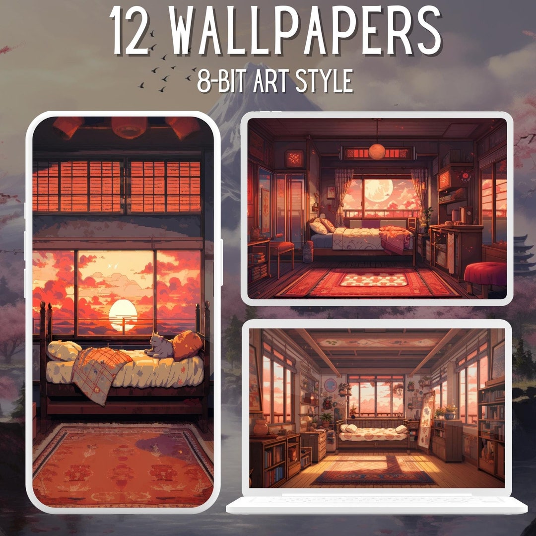 12 Cute 8-bit Kawaii Bedrooms Wallpaper Bundle, 8-bit Clipart, Desktop ...