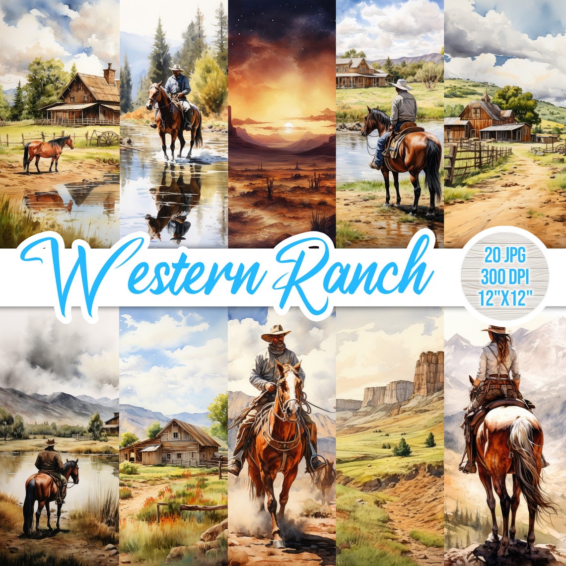 20 Western Ranch Bundle, Watercolor Western, Digital Art, Paper ...
