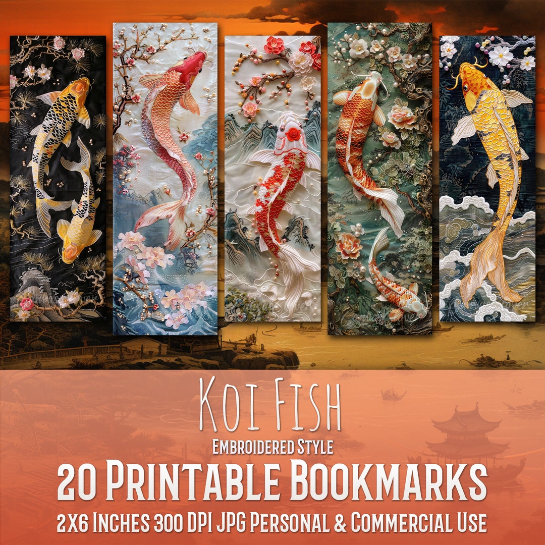 20 Embroidered Koi Fish Bookmark Bundle, Sublimation Design, Embroidery ...