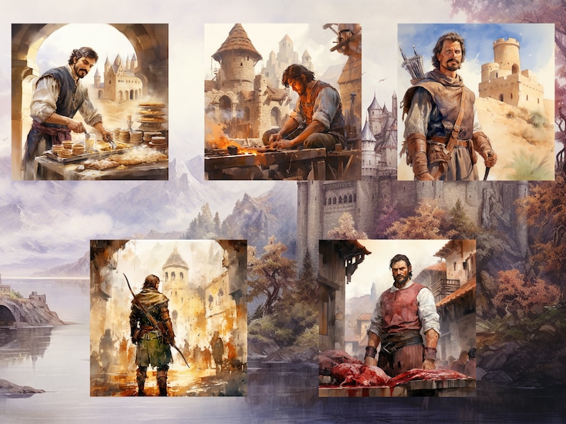 20 Medieval Bundle, Watercolor Clipart, Digital Art, Paper, Knight ...