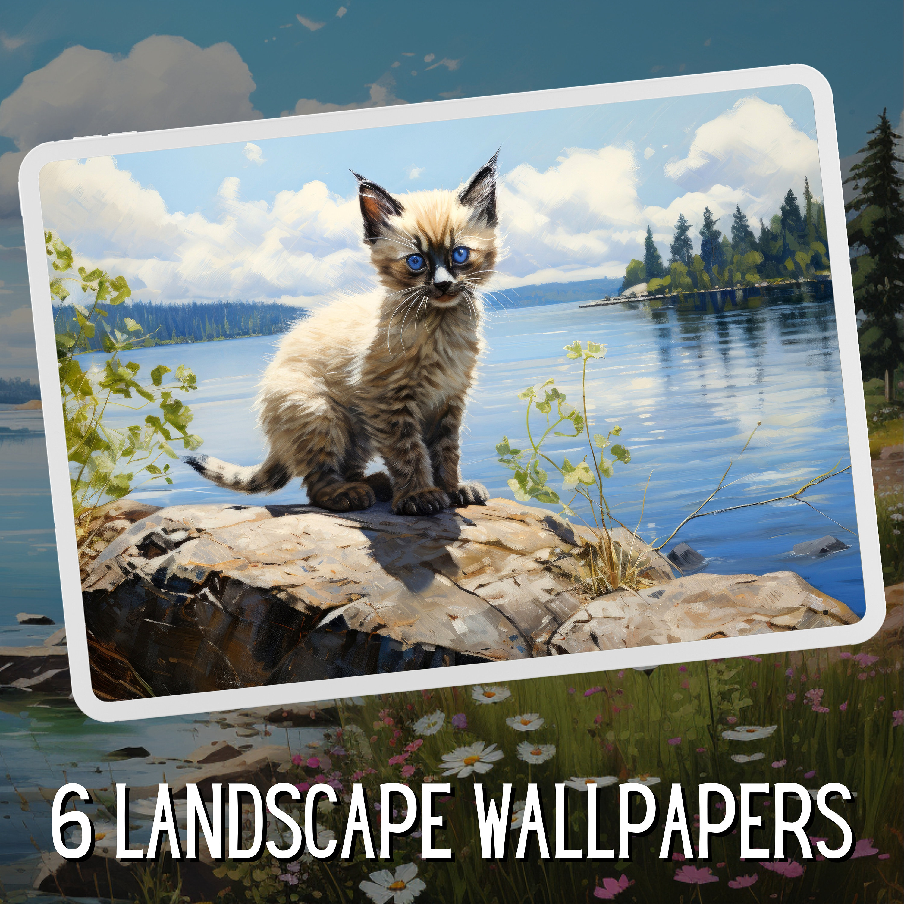 12 Cute Kittens by the Lake Wallpaper Bundle Landscape Wallpaper ...