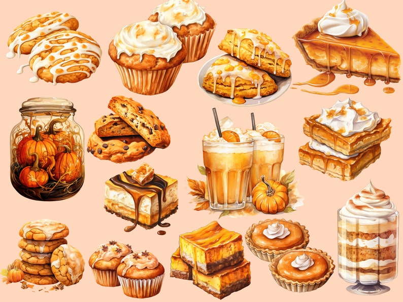 Pumpkin Spice Treats Watercolor Clipart Bundle - 77 PNG Images, Instant ...