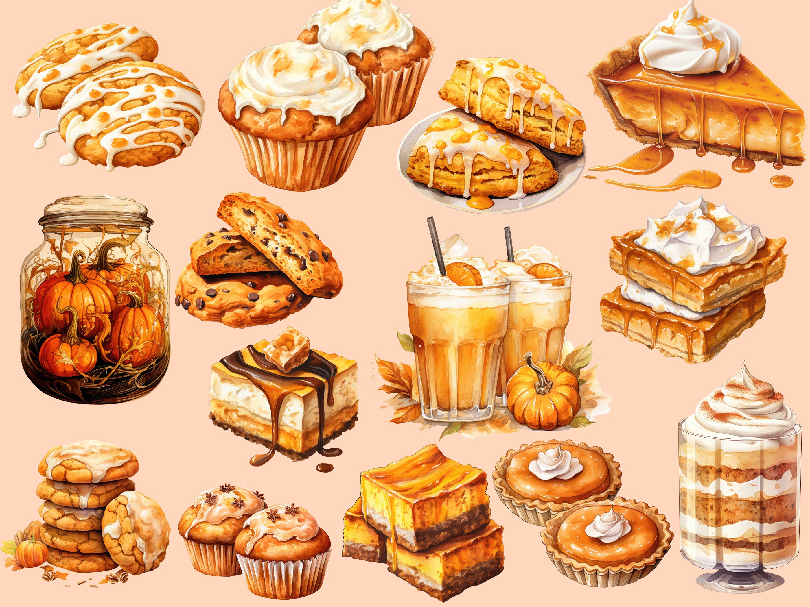 Pumpkin Spice Treats Watercolor Clipart Bundle 77 PNG - Etsy