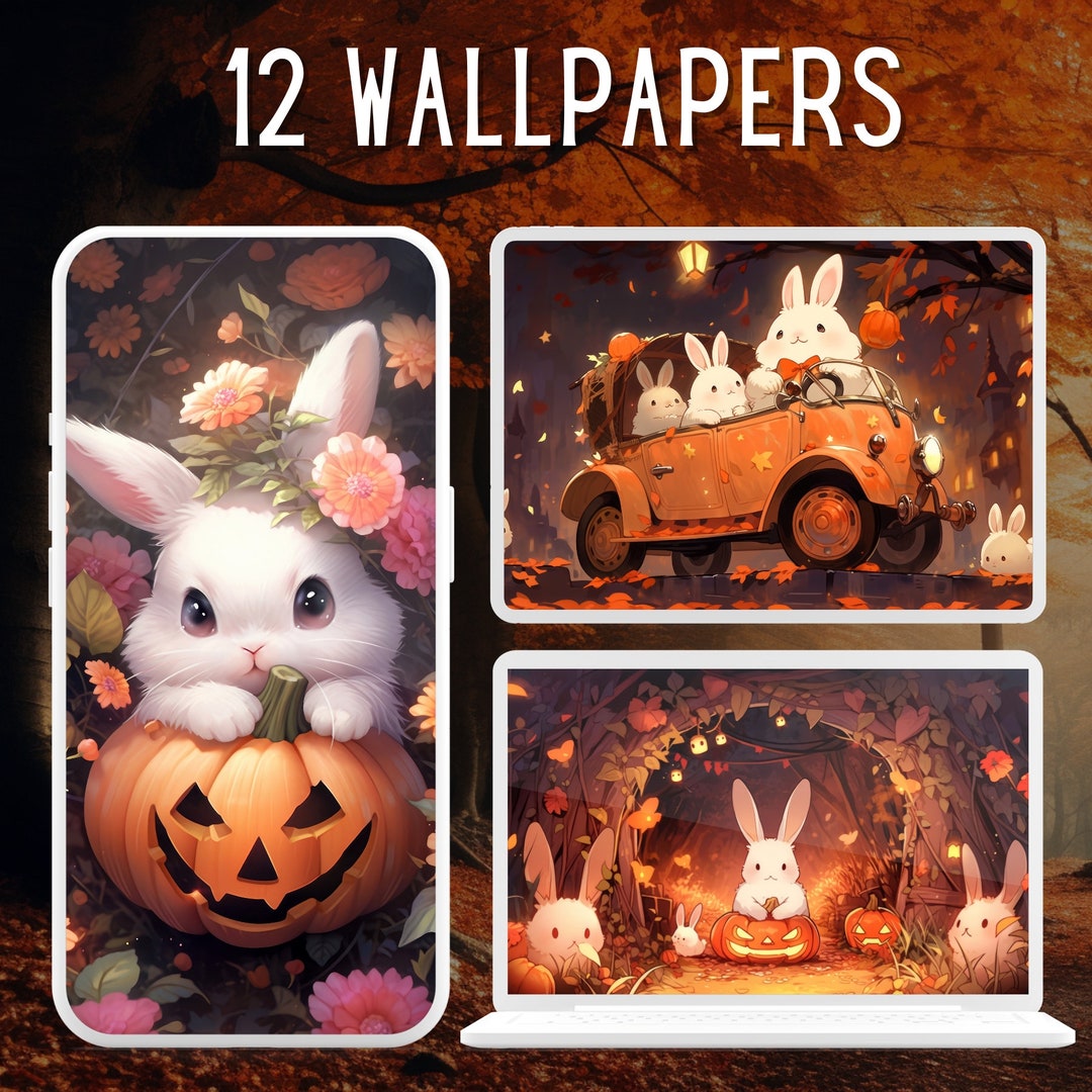 12 Cute Kawaii Halloween Bunny Wallpaper Bundle, Desktop Wallpaper ...