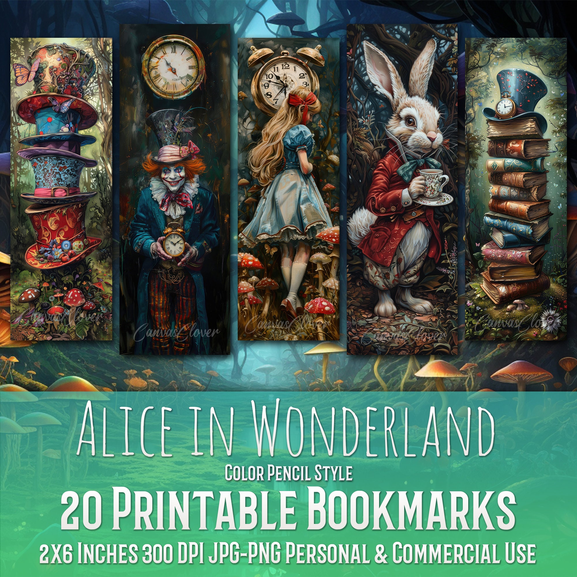Alice in Wonderland Bookmarks, Color Pencil Style, Printable Set (JPG ...