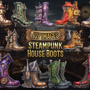 Steampunk House Boot Watercolor Clipart Bundle (107 PNG) - Commercial ...