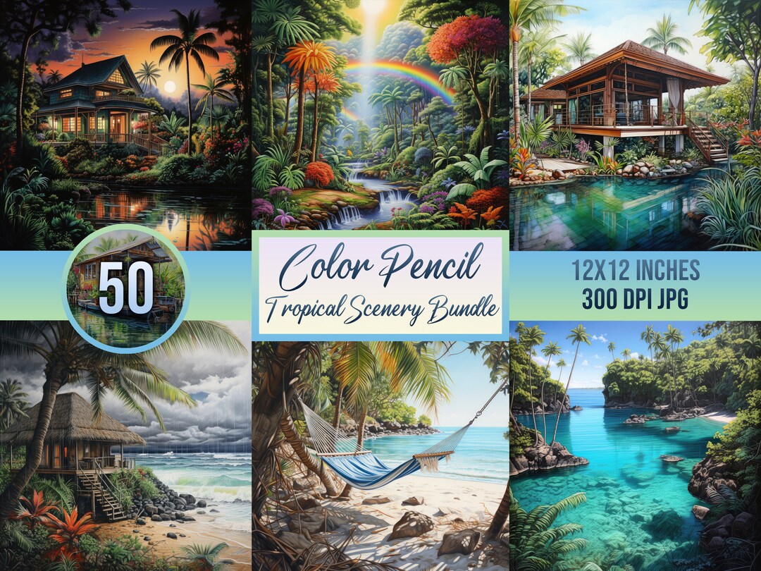50 Color Pencil Tropical Landscape Bundle, Seaside, Digital Art, Paper ...