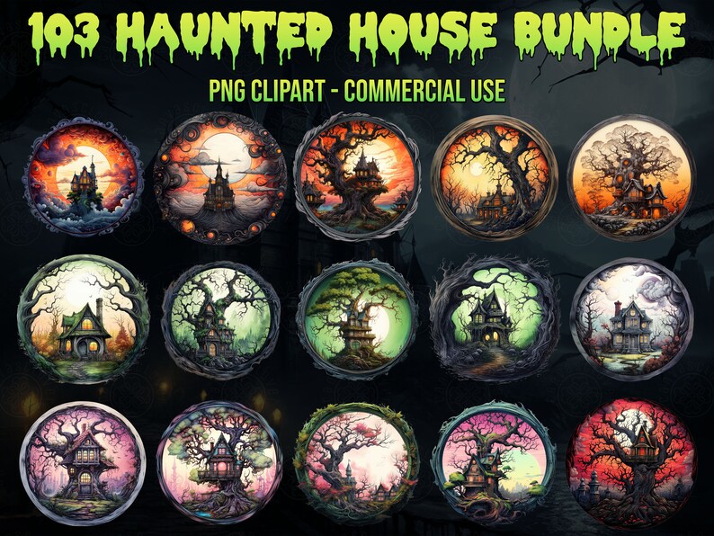 MEGA Circle Frame Haunted House Clipart Bundle, 103 PNG, Halloween ...