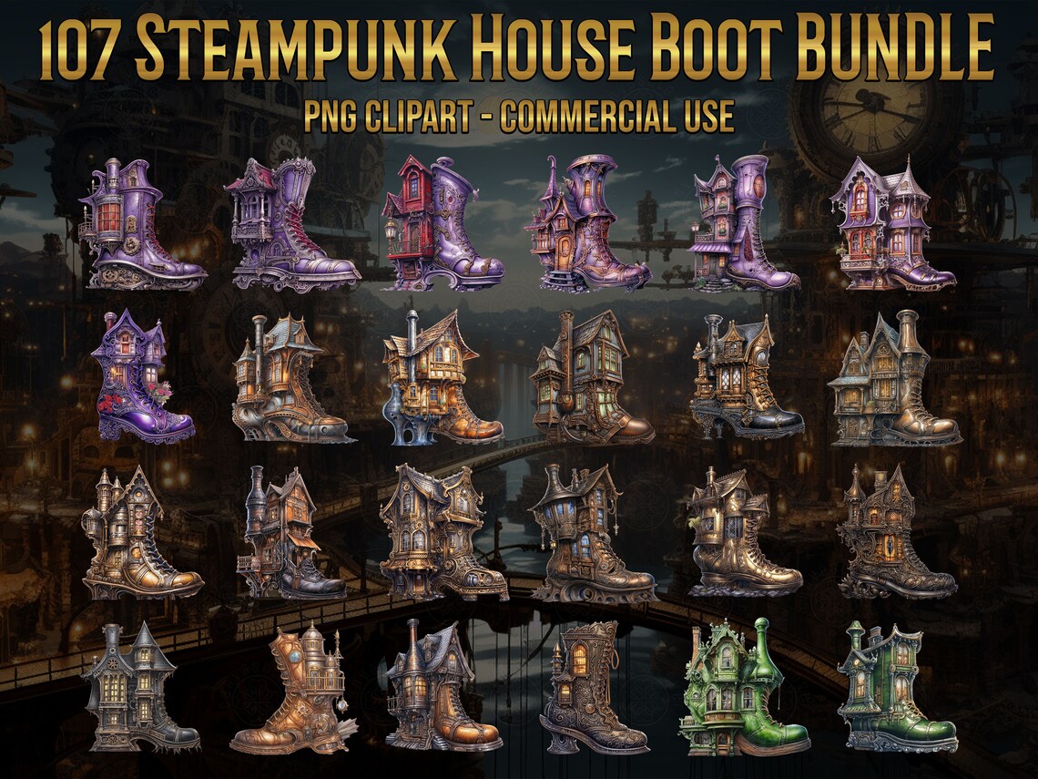 Steampunk House Boot Watercolor Clipart Bundle (107 PNG) - Commercial ...