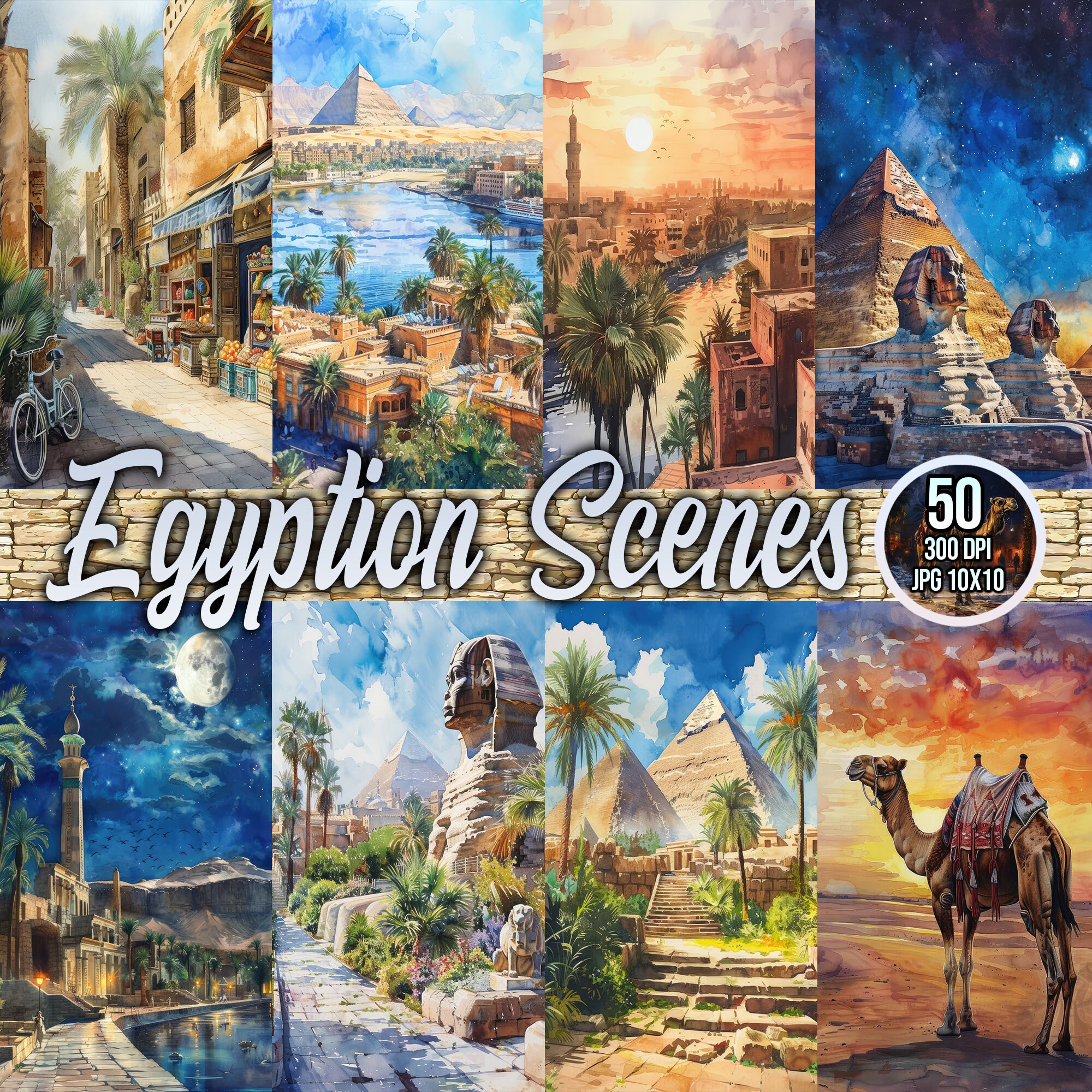 50 Egyption Scenes Bundle, Watercolor, Digital Art, Paper, Desert ...