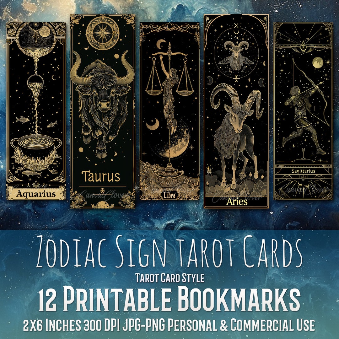 12 Zodiac Sign Tarot Card Bookmark Bundle, Celestial, Animals, Signs ...