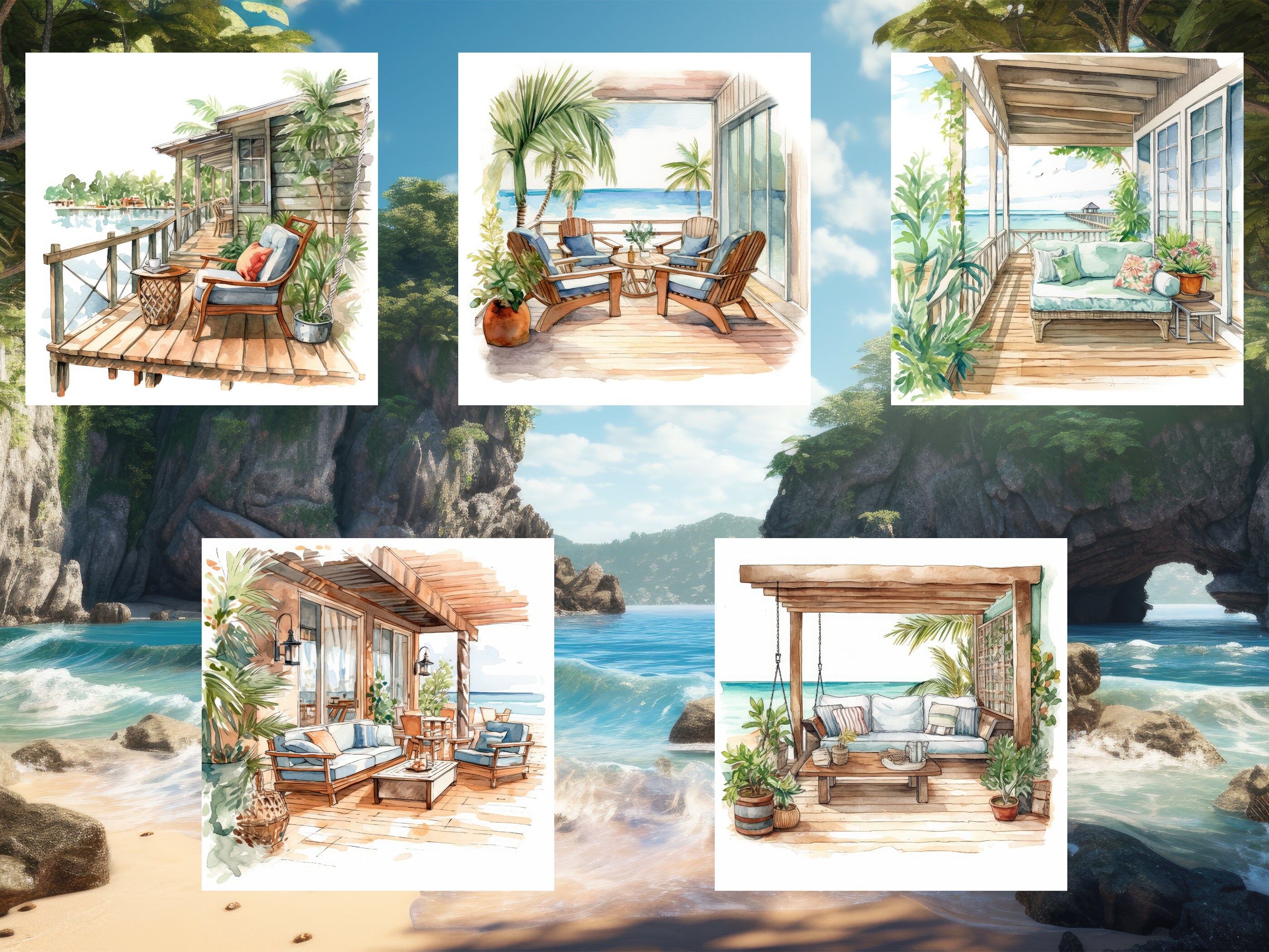 20 Watercolor Cozy Tropical Beach Bundle, Watercolor Beach, Digital Art ...
