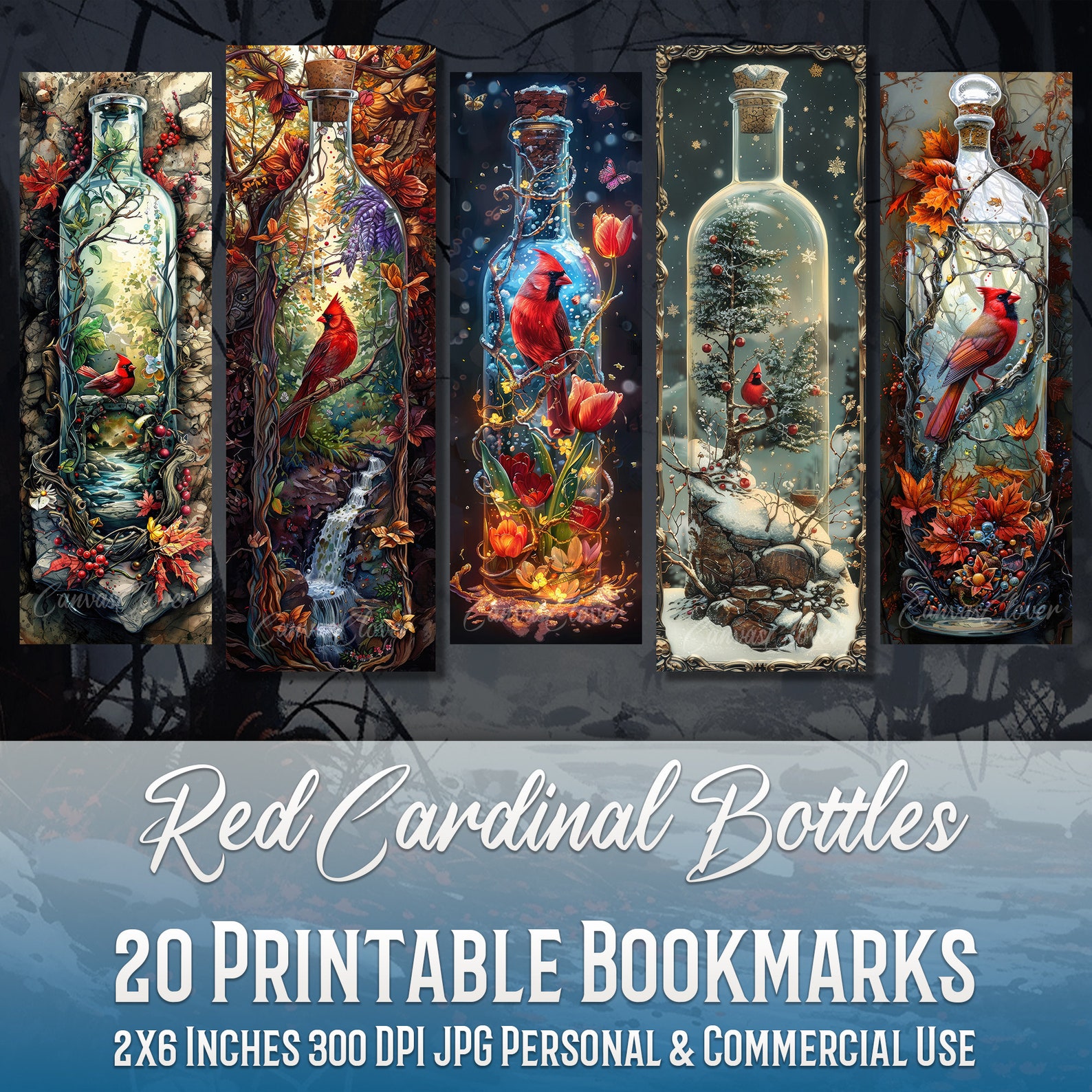 20 Magical Red Cardinal Bottles Bookmark Bundle, Sublimation Design,watercolor Clipart,bookmark ...