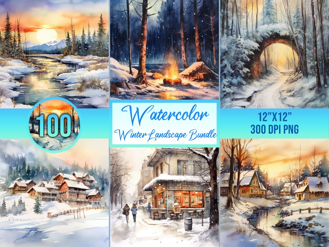 100 Winter Landscape Bundle, Watercolor Landscapes, Digital Art ...