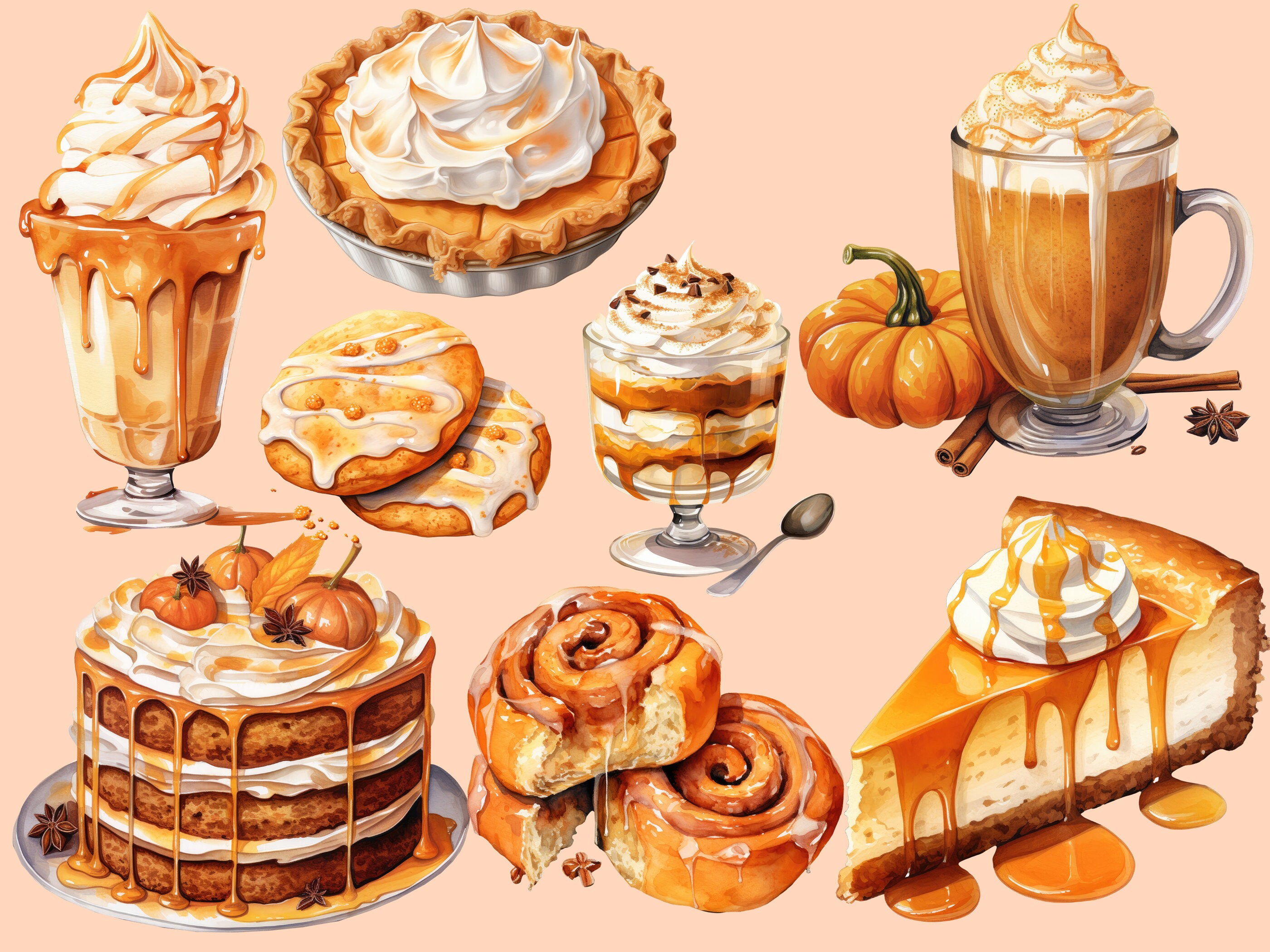 Pumpkin Spice Treats Watercolor Clipart Bundle 77 PNG - Etsy