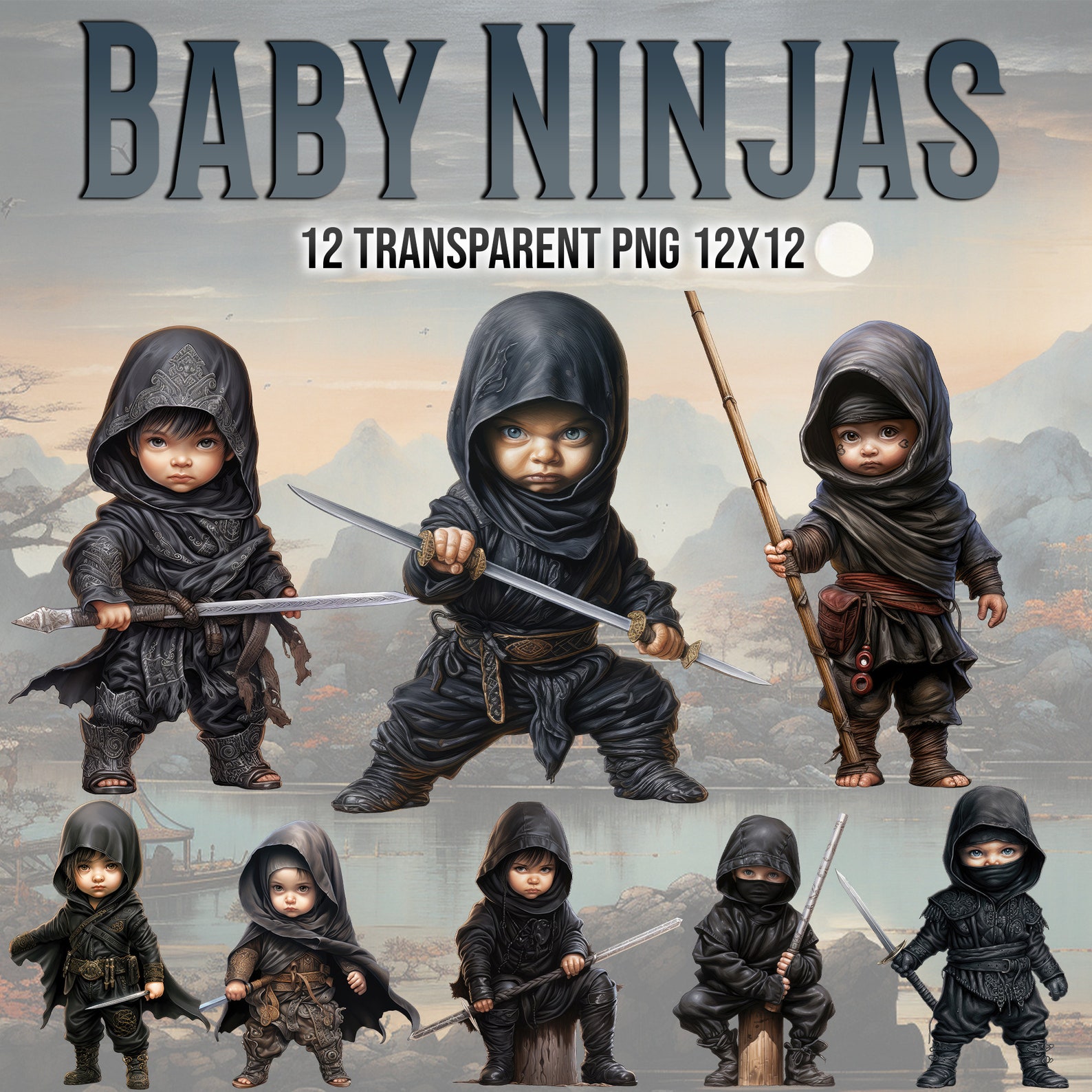 12 Baby Ninjas Bundle, Watercolor Cute Ninjas, Digital Art, Japanese ...