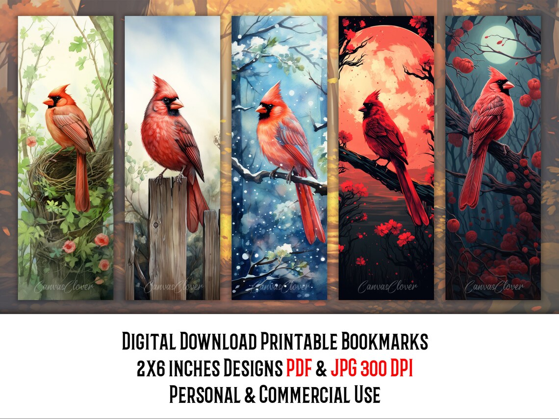 20 Red Cardinals Printable Bookmark Bundle, Sublimation Design ...