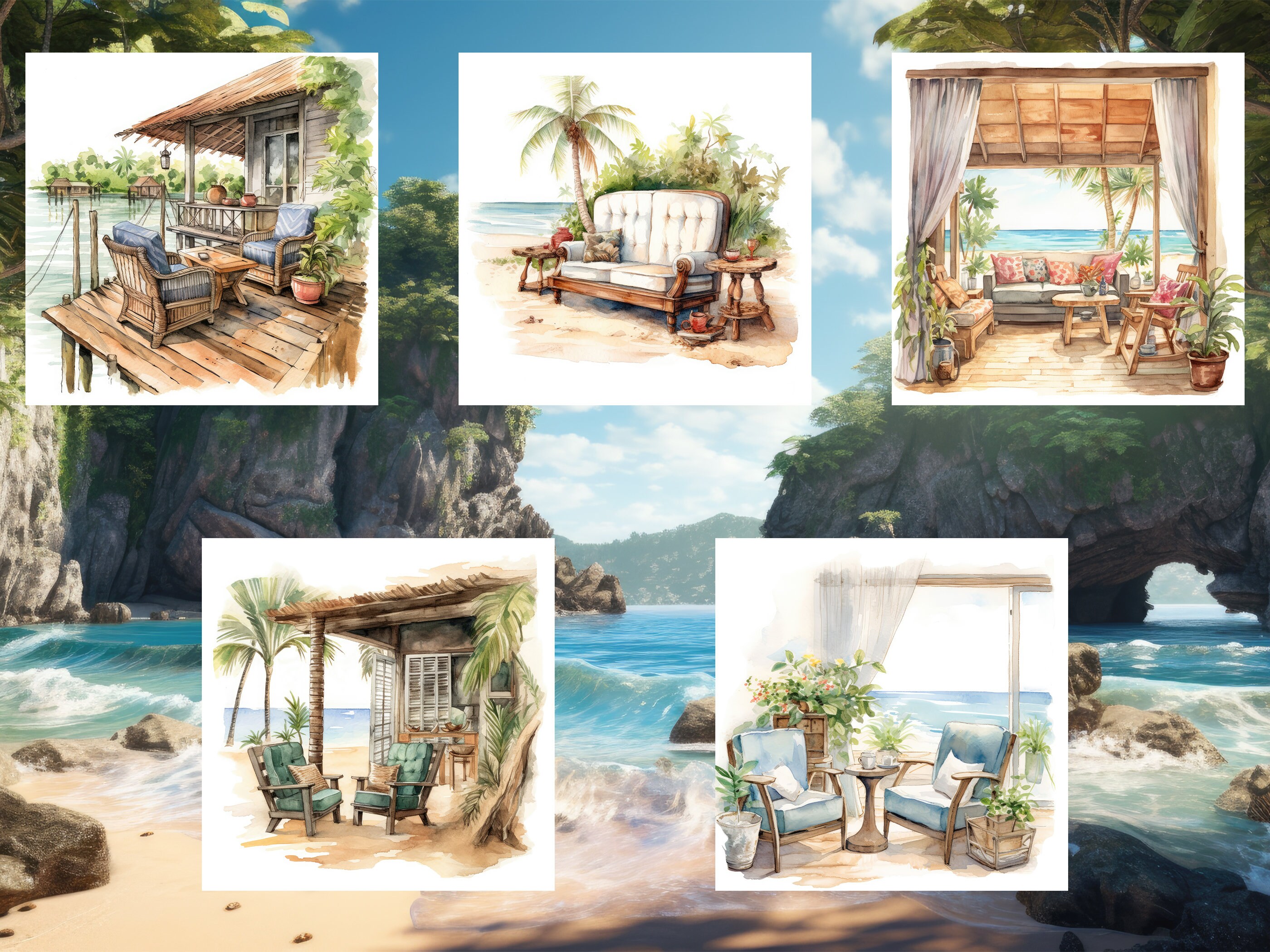 20 Watercolor Cozy Tropical Beach Bundle, Watercolor Beach, Digital Art ...