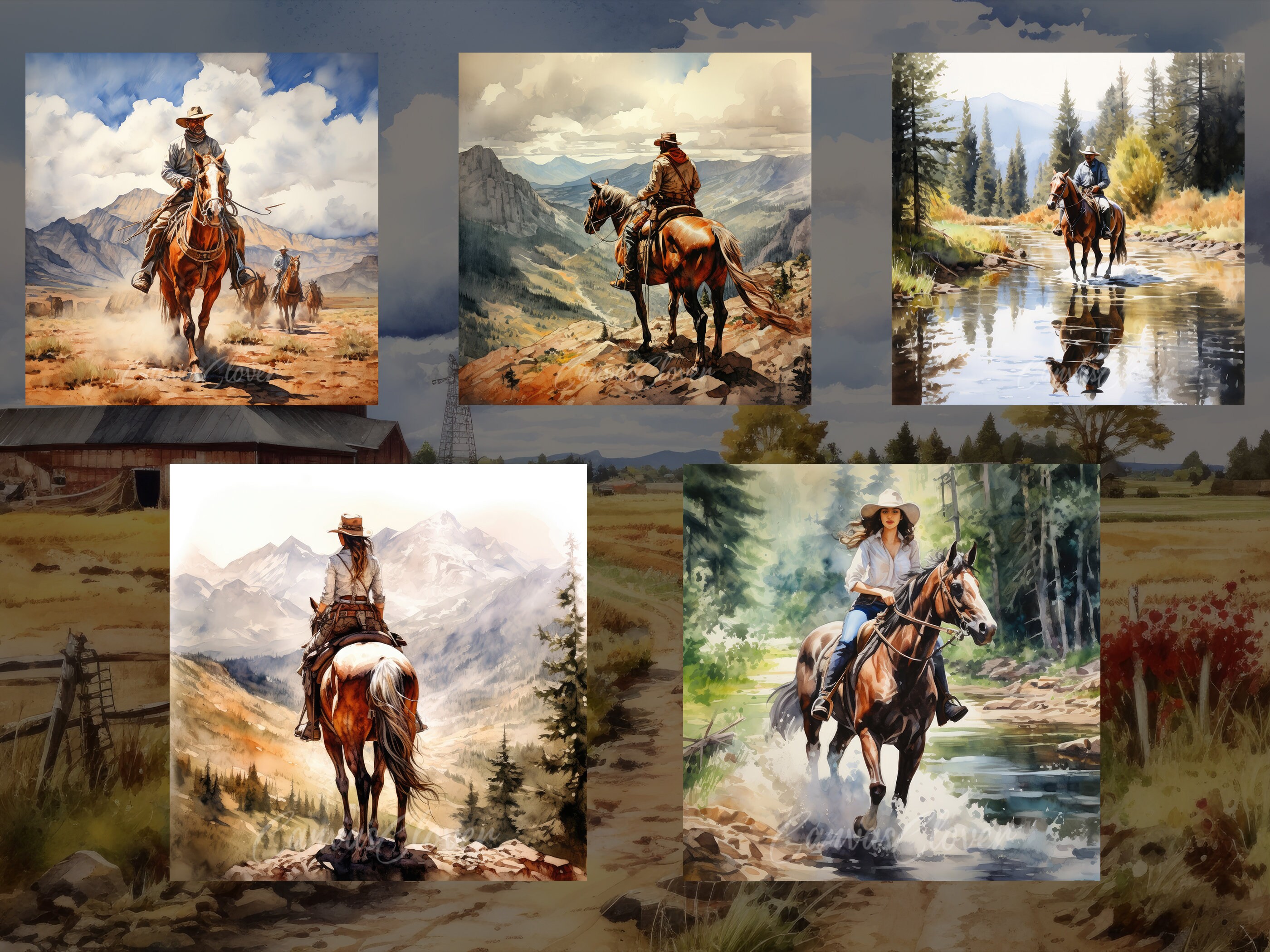 20 Western Ranch Bundle, Watercolor Western, Digital Art, Paper ...