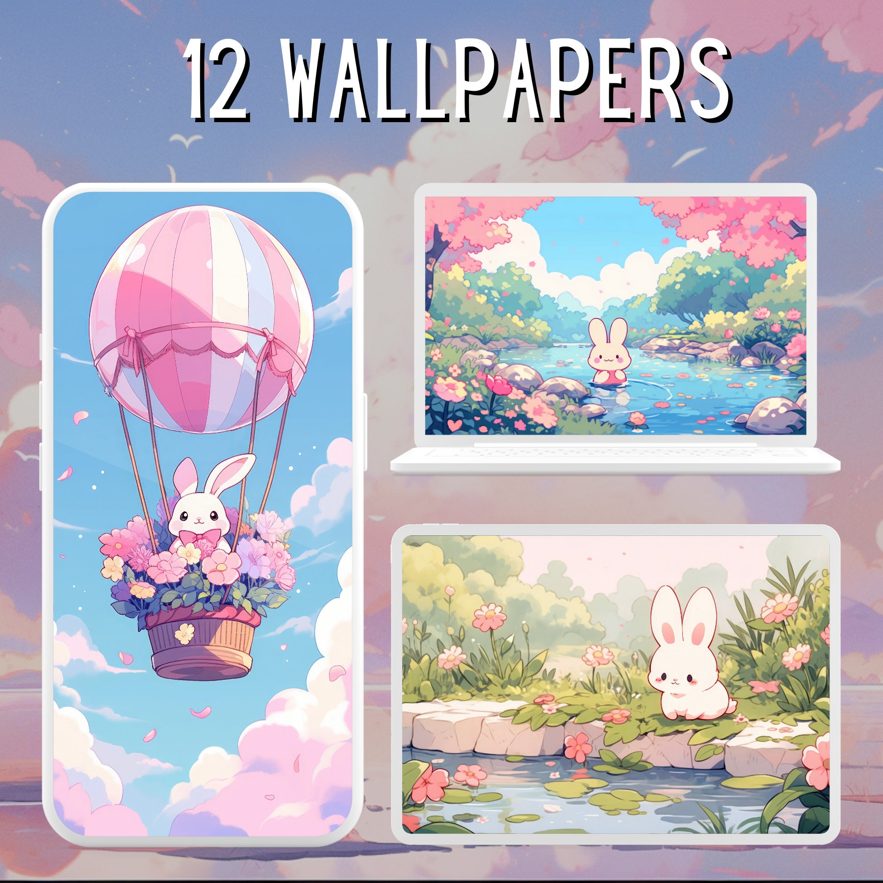 12 Pastel Bunnies Wallpaper Bundle Summer Wallpaper Ghibli Desktop ...