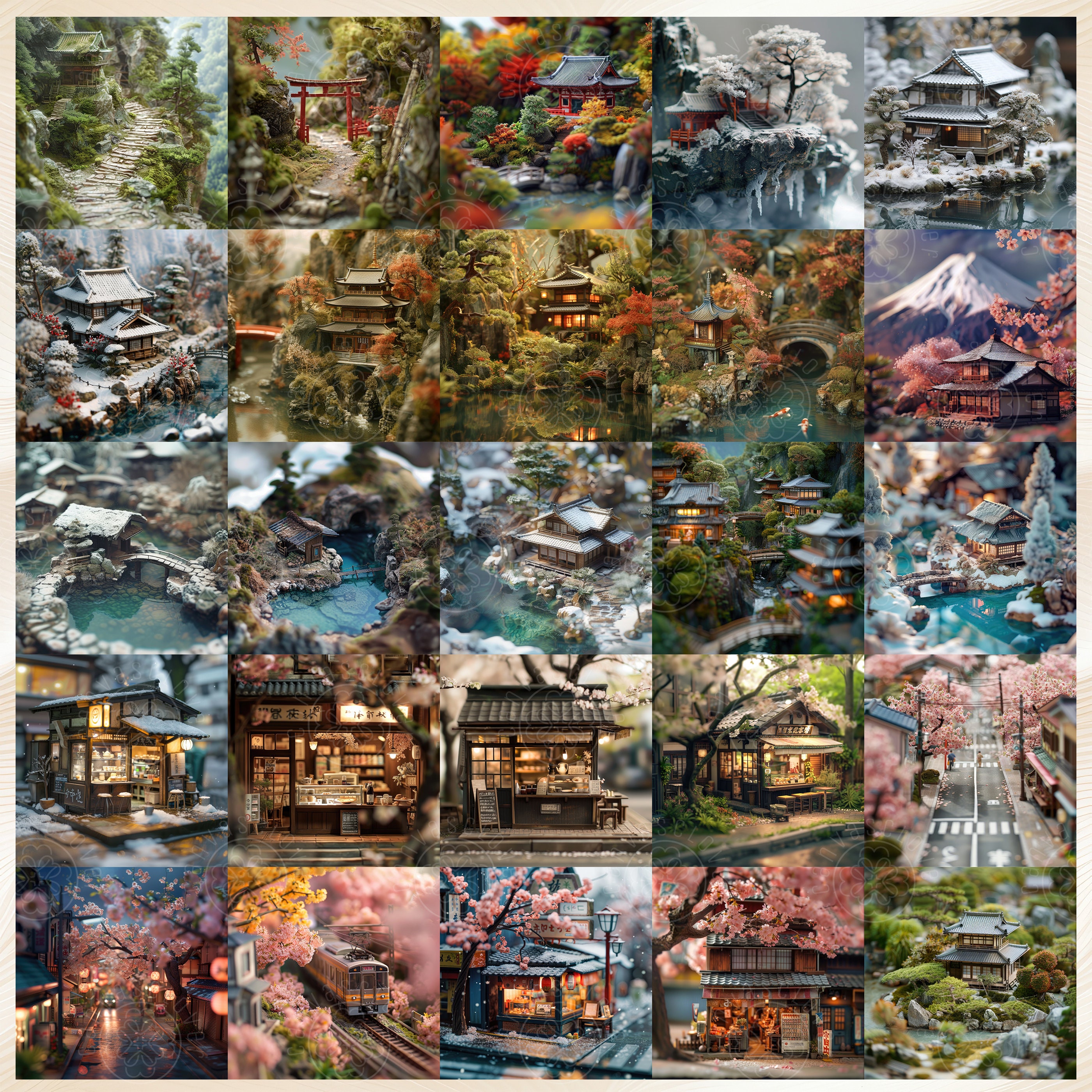 50 Japanese Scenes Bundle Tilt-shift Style, Digital Art, Paper, Cherry ...
