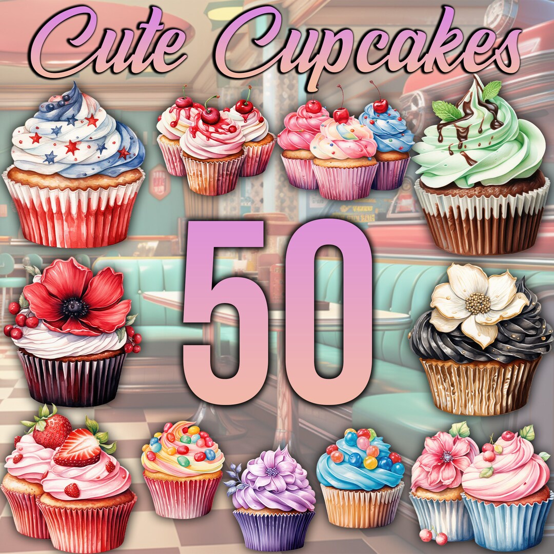 50 Cute Cupcakes, Watercolor Clipart, Digital Art, Sweets Candy, Treats ...