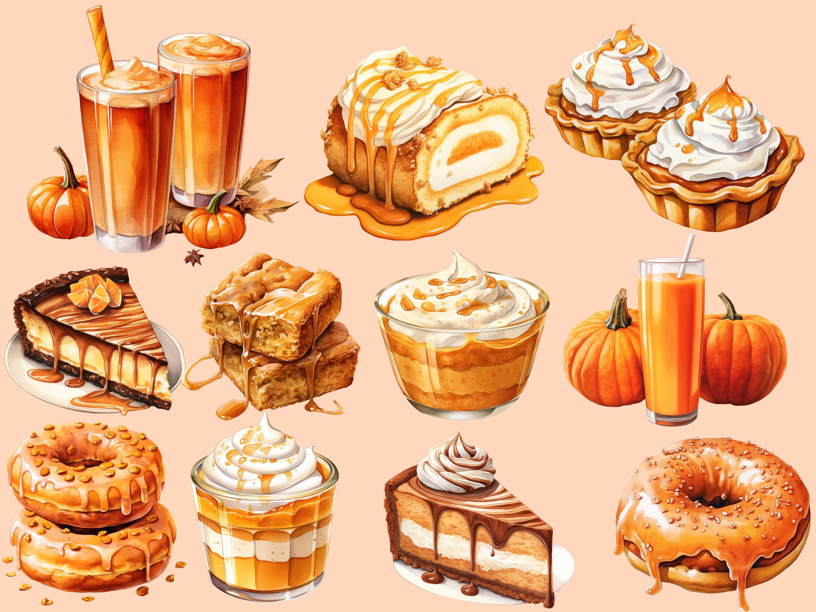 Pumpkin Spice Treats Watercolor Clipart Bundle - 77 PNG Images, Instant ...