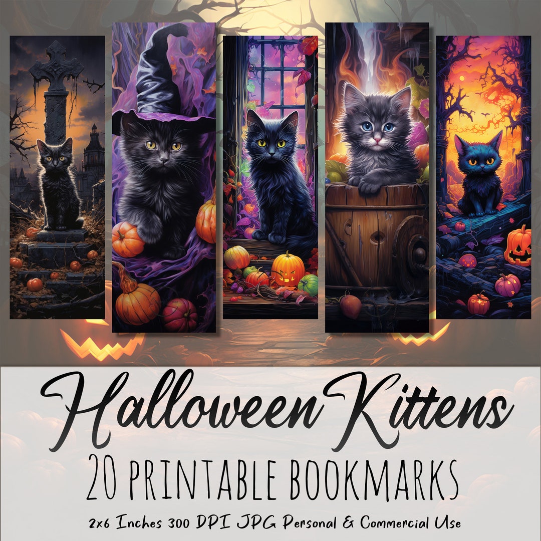 Halloween Kitten Bookmark Bundle, Watercolor Clipart (printable JPG) - Etsy