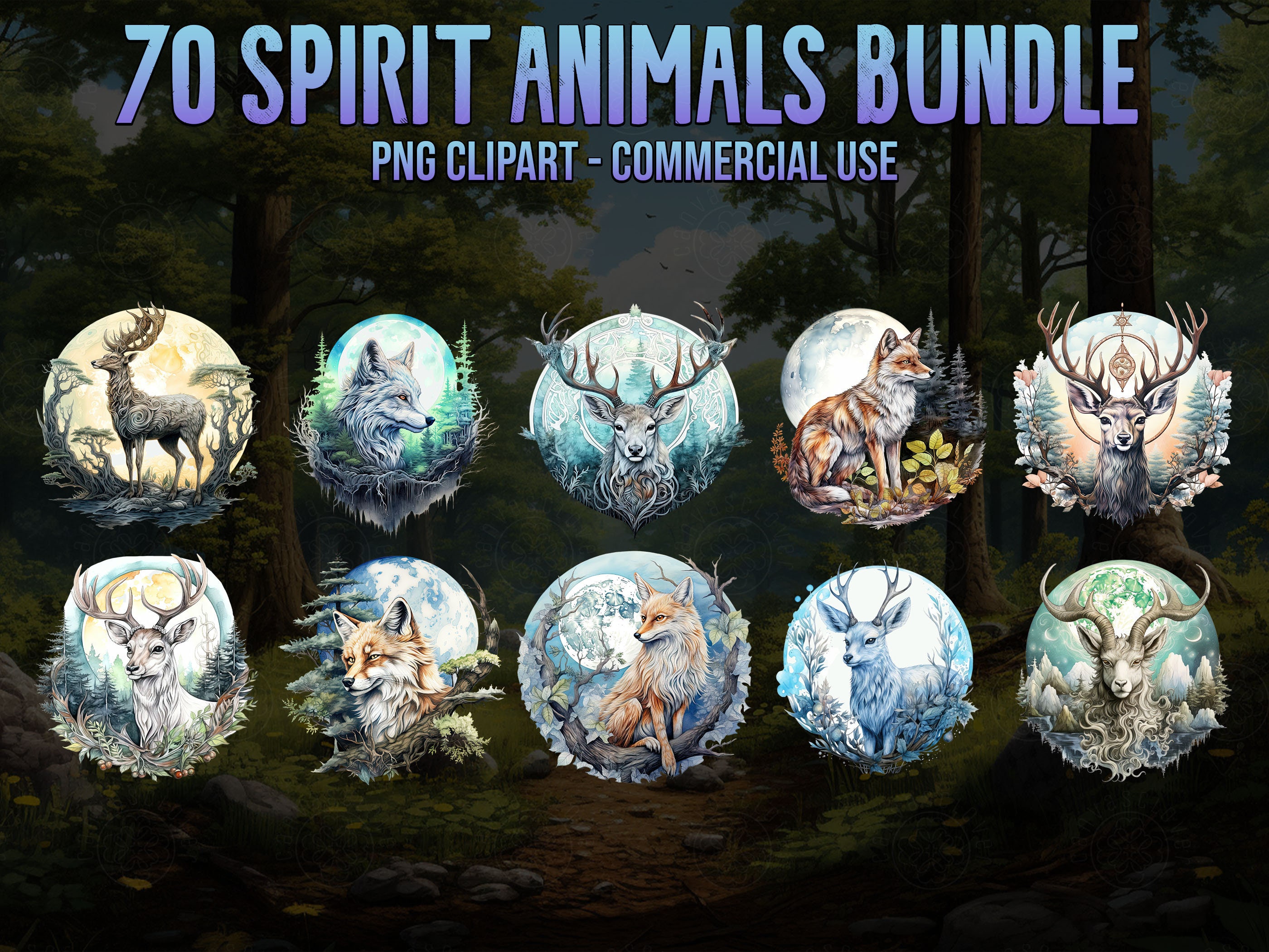 Spirit Animals Watercolor Clipart Bundle 70 PNG, Mystical Animals ...