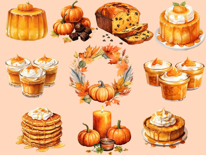 Pumpkin Spice Treats Watercolor Clipart Bundle - 77 PNG Images, Instant ...
