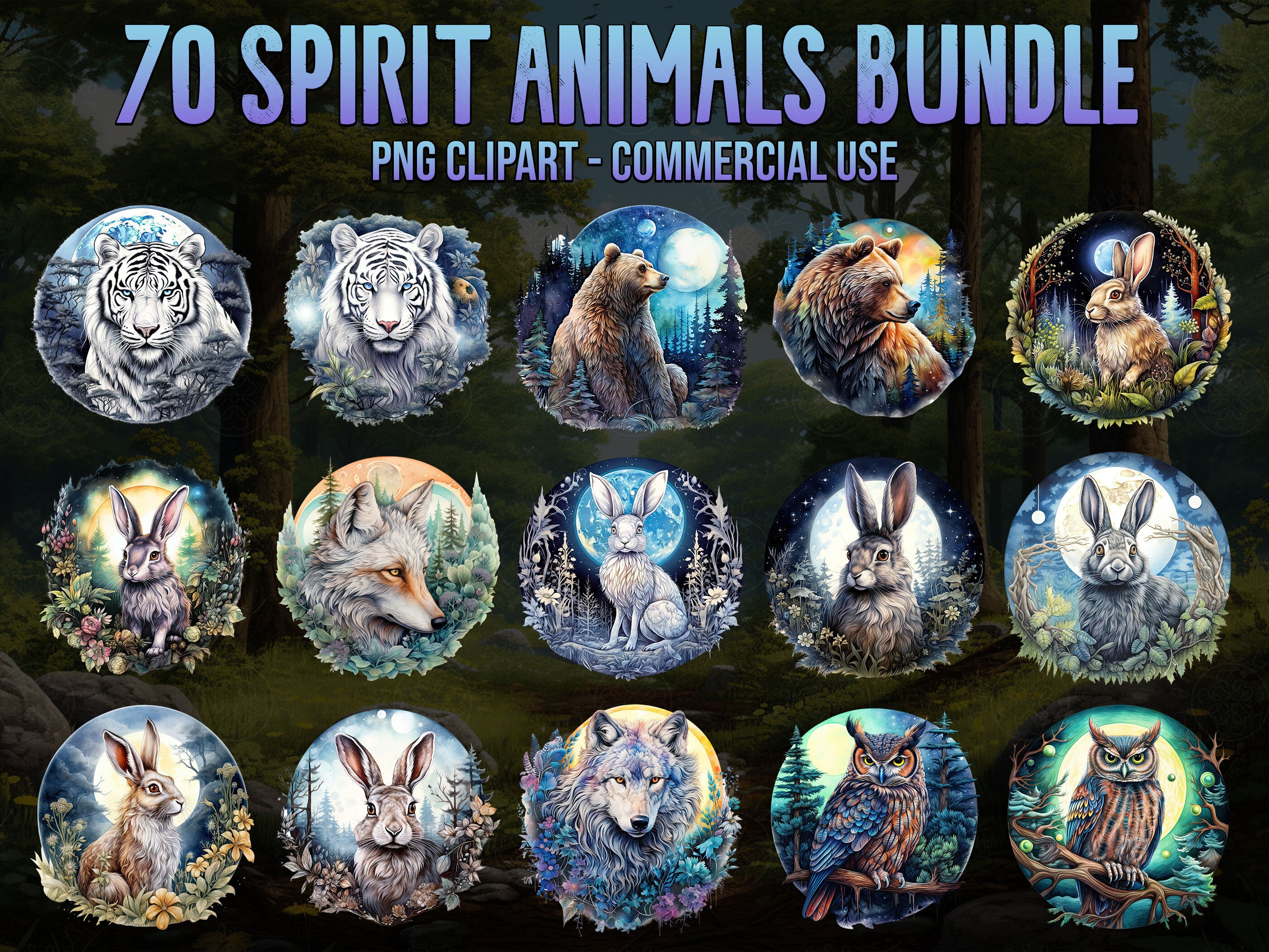 Spirit Animals Watercolor Clipart Bundle 70 PNG, Mystical Animals ...