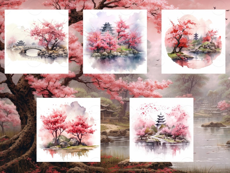 20 Japanese Cherry Blossom Bundle Watercolor Trees Digital - Etsy