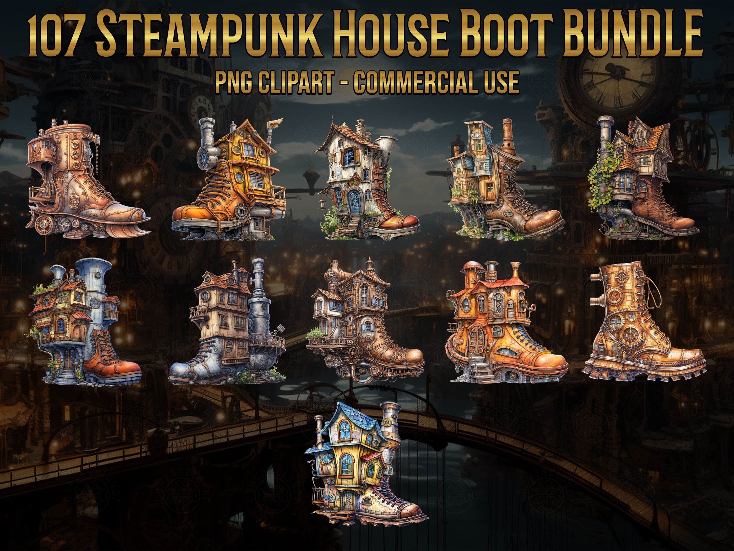 Steampunk House Boot Watercolor Clipart Bundle - 107 PNG, Boot Graphics ...