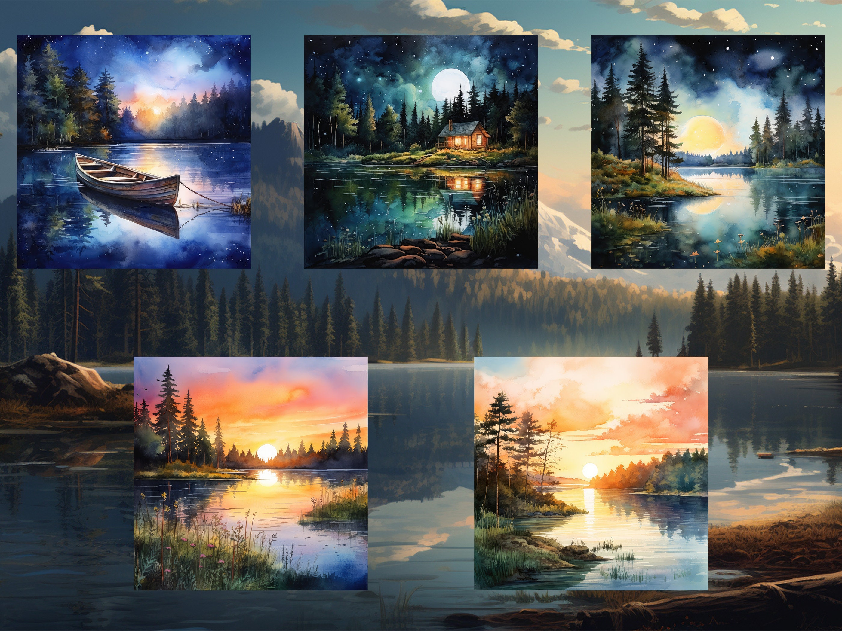 20 Lake Scene Bundle Watercolor Clipart Digital Art Paper - Etsy