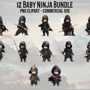 12 Baby Ninjas Bundle, Watercolor Cute Ninjas, Digital Art, Japanese ...