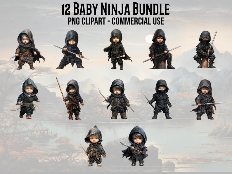 12 Baby Ninjas Bundle, Watercolor Cute Ninjas, Digital Art, Japanese ...