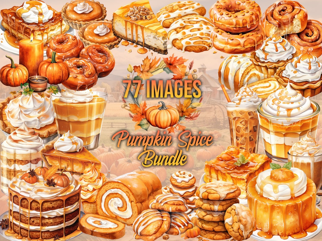 Pumpkin Spice Treats Watercolor Clipart Bundle - 77 PNG Images, Instant ...