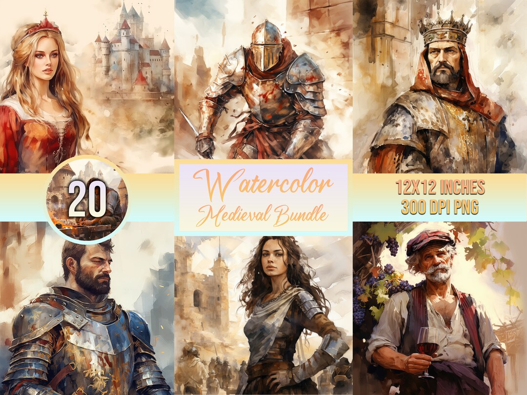 20 Medieval Bundle, Watercolor Clipart, Digital Art, Paper, Knight ...