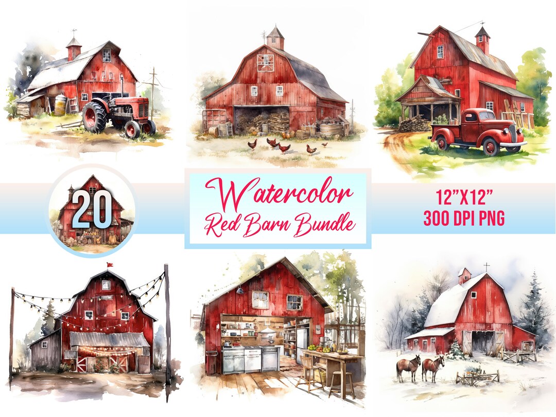 20 Watercolor Red Barn Bundle, Watercolor Farm Clipart, Digital Art ...