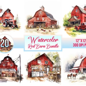 20 Watercolor Red Barn Bundle, Watercolor Farm Clipart, Digital Art, Journal Paper, Printable ...
