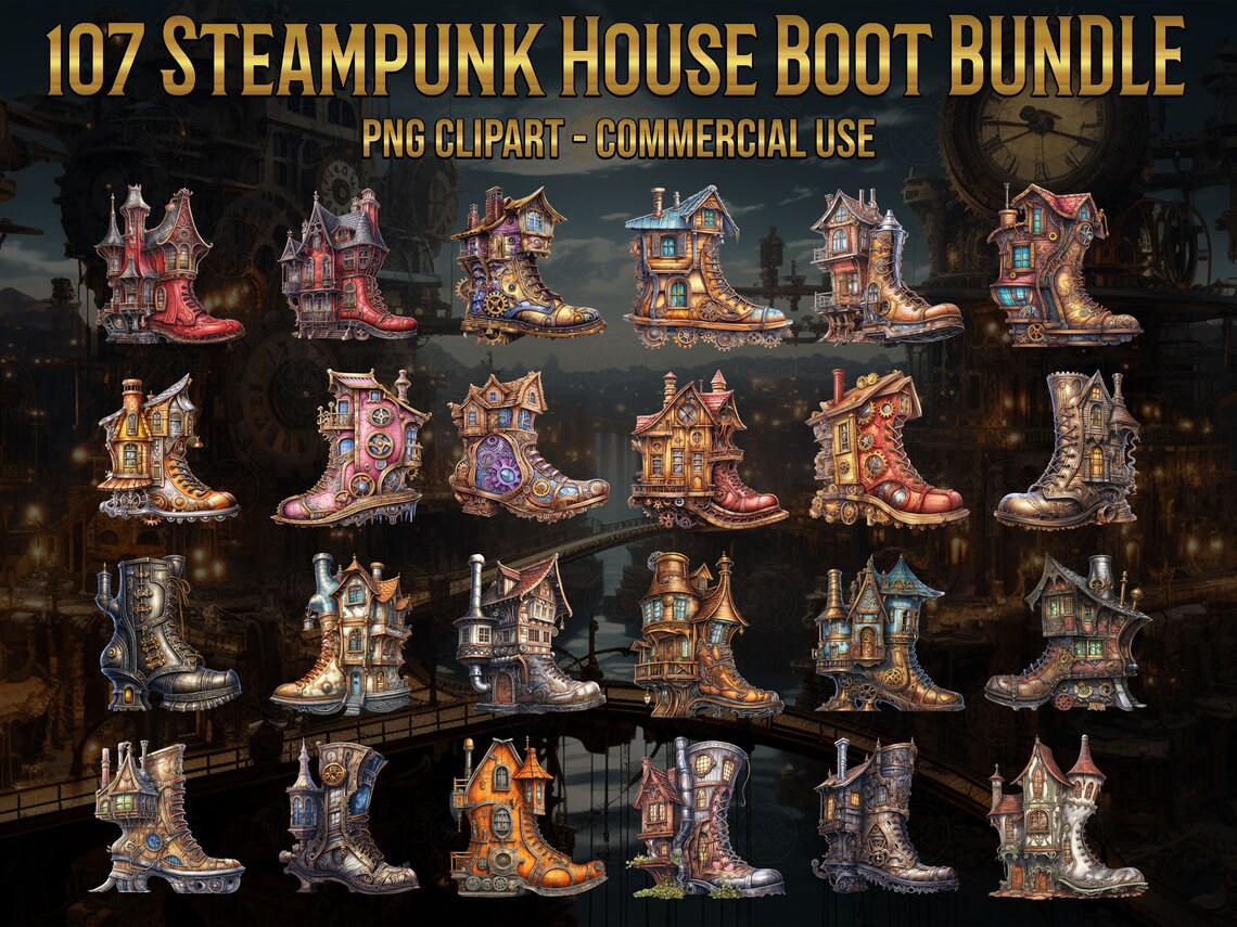 Steampunk House Boot Watercolor Clipart Bundle (107 PNG) - Commercial ...