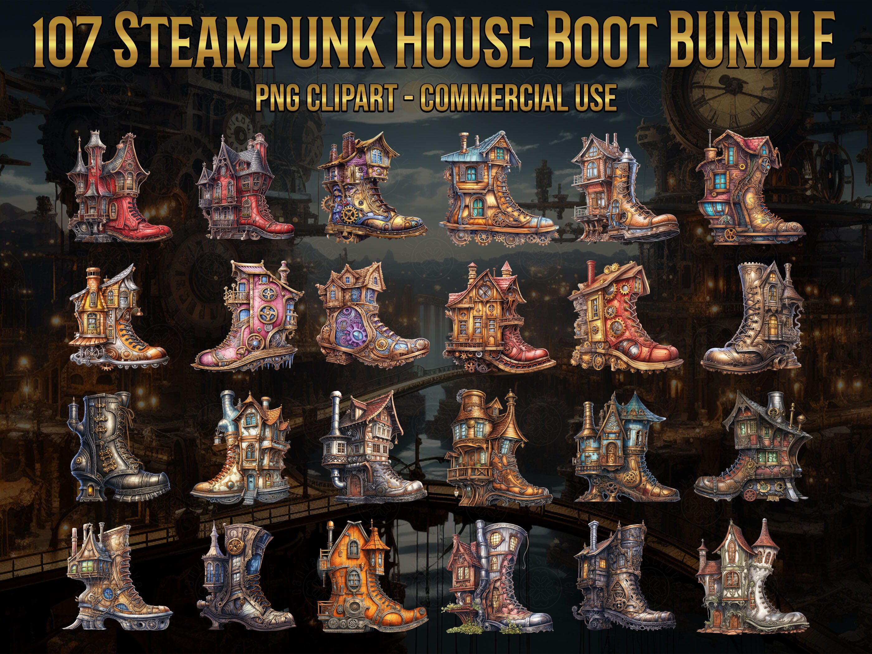 Steampunk House Boot Watercolor Clipart Bundle - 107 PNG, Boot Graphics ...