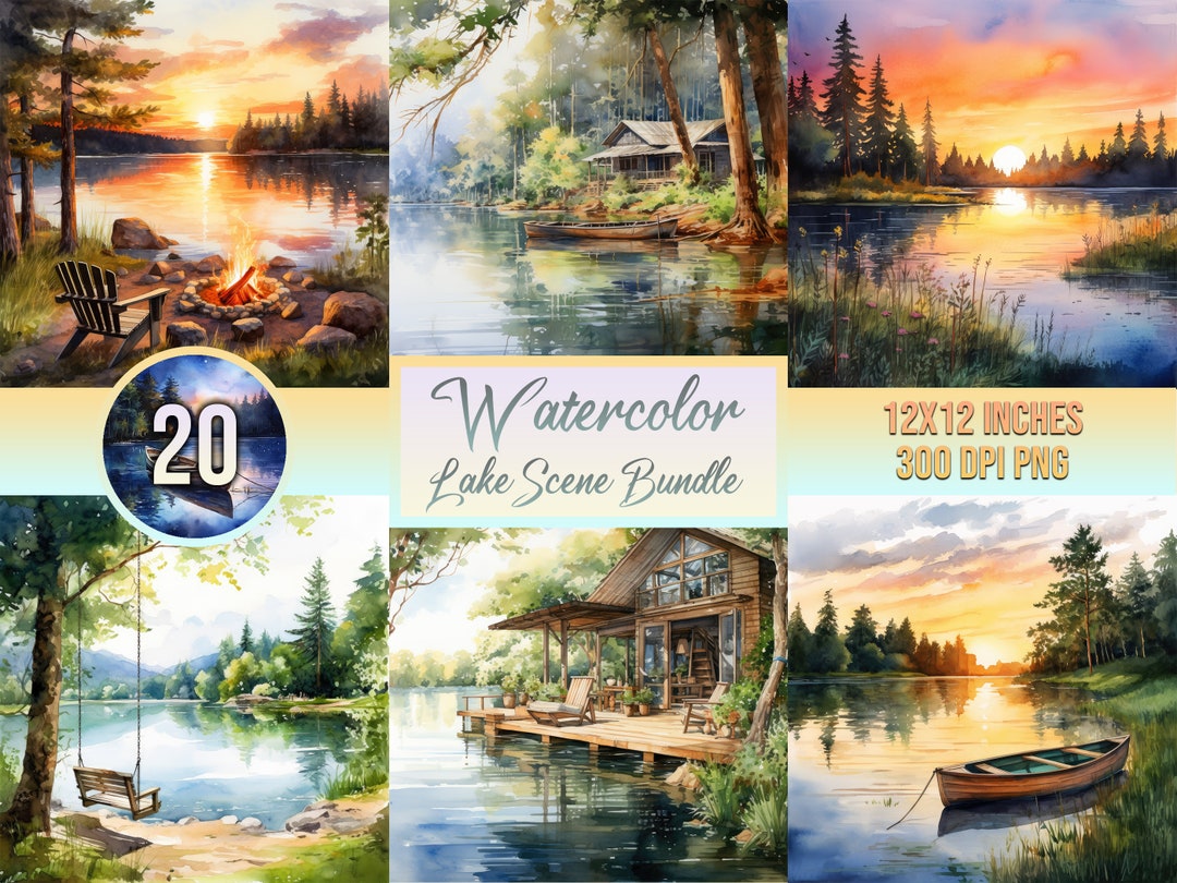 20 Lake Scene Bundle, Watercolor Clipart, Digital Art, Paper, Nature ...