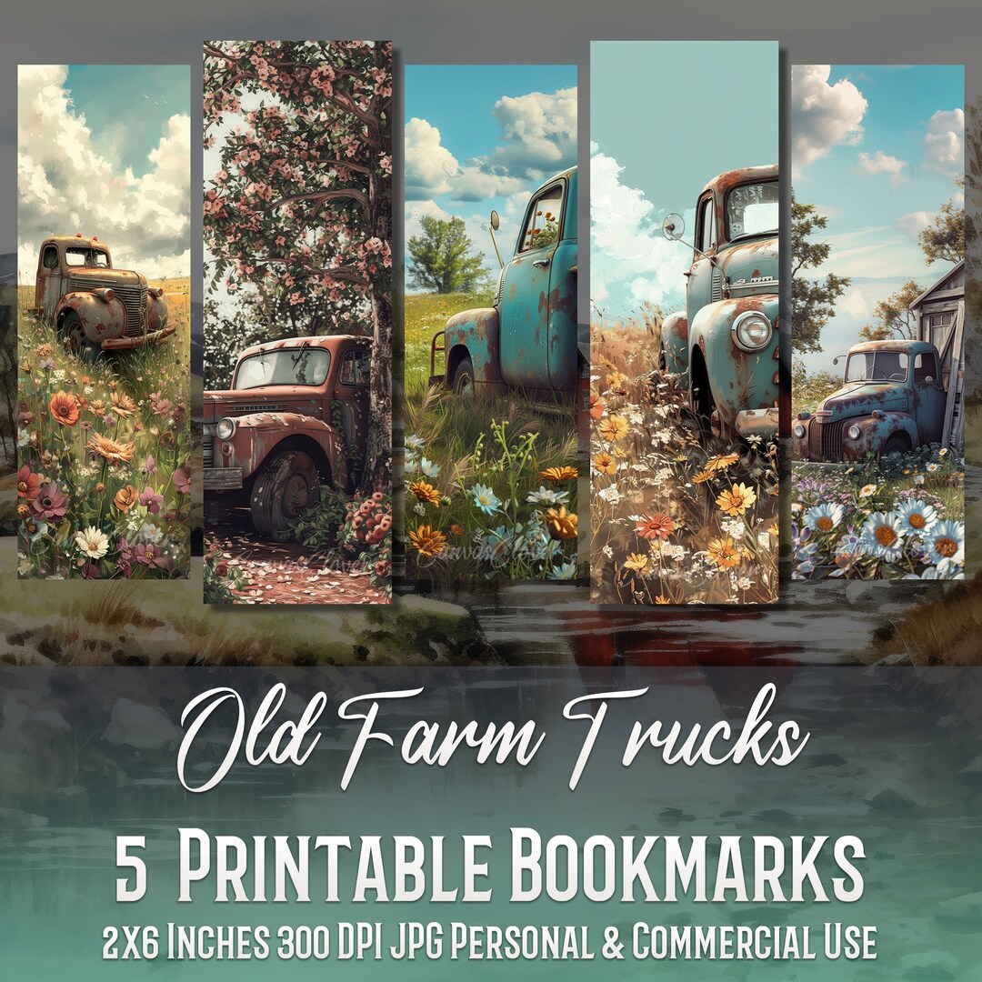 5 Old Farm Truck Bookmark Bundle, Farm Bookmarks, Flowers, Sublimation ...