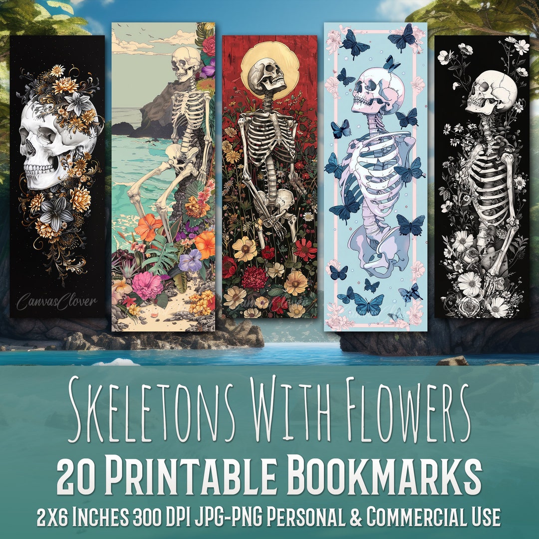 20 Skeletons With Flowers Bookmark Bundle, Sublimation Design, Floral ...