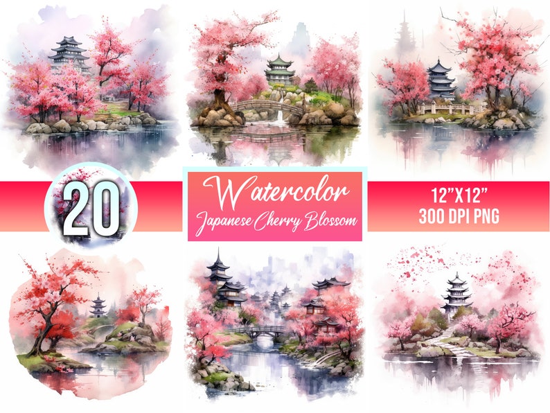20 Japanese Cherry Blossom Bundle, Watercolor Trees, Digital Art ...