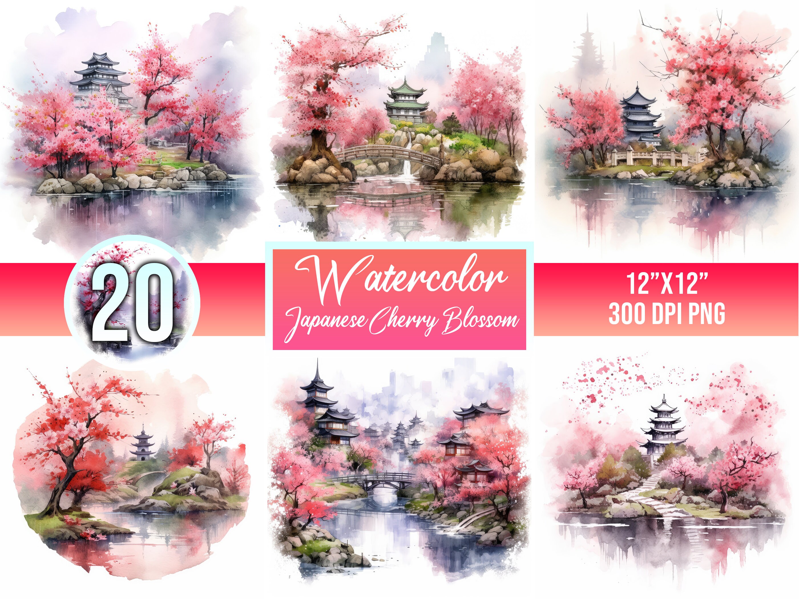 20 Japanese Cherry Blossom Bundle, Watercolor Trees, Digital Art ...